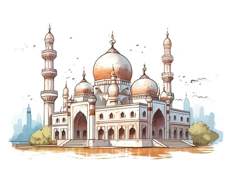 Drawing of a Mosque Using Medium Ink and Watercolor Isolated on White ...