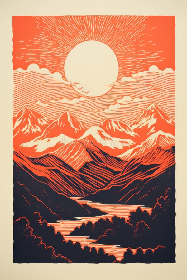 A Drawing of a Mountain Range with a Lake in the Foreground. Stock ...