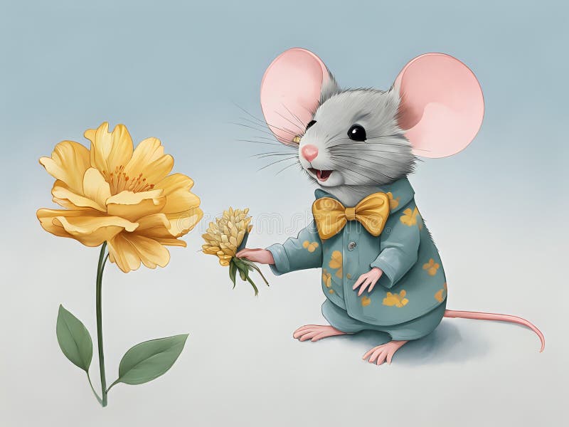 Drawing of a Mouse Holding a Flower, Mouse in Clothes Stock ...