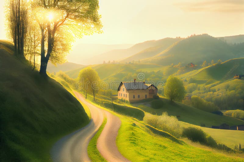 Drawing Narrow Road in Switzerland in the Spring in the Rays of the ...