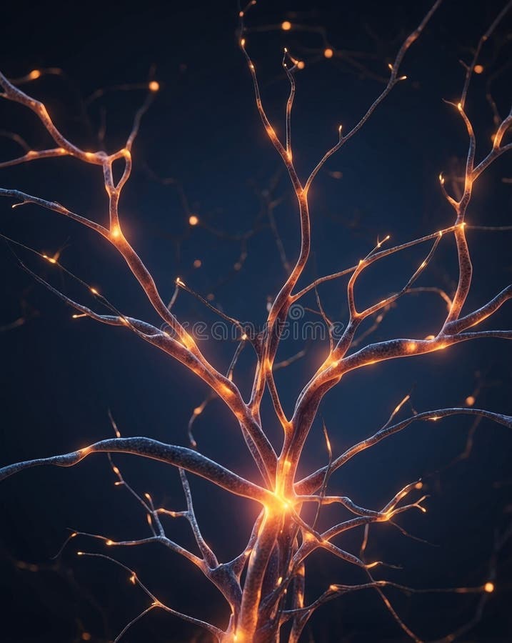 A Drawing of a Neuron with Lights on Dark Blue Background. Stock ...