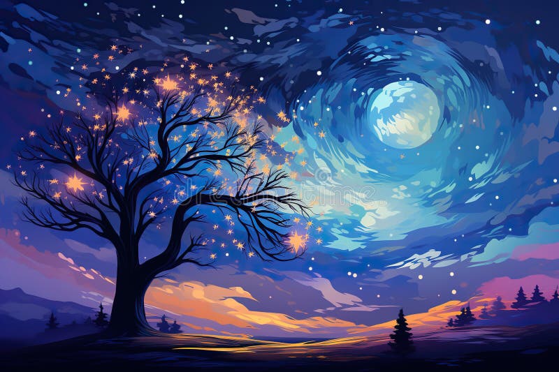 Drawing of a Night Landscape with a Beautiful Tree in the Moonlight ...