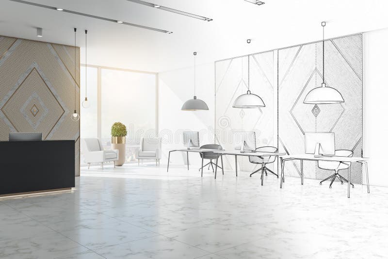 Drawing Office Interior with Computers on Table Stock Illustration ...