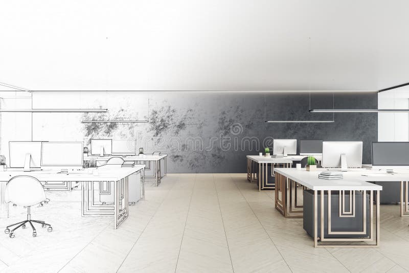 Drawing Office Interior with Computers on Table Stock Illustration ...