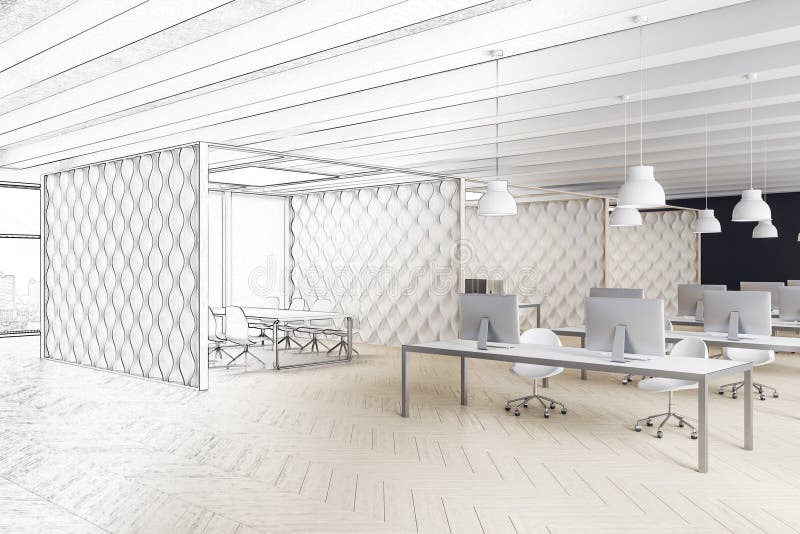 Drawing Office Interior with Computers on Table Stock Illustration ...