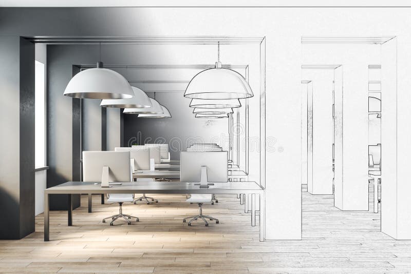 Drawing Office Interior with Furniture and Computers on Table Stock ...