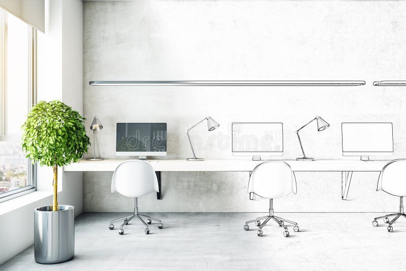 Drawing Office Room with Equipment and Computers on Long Table Stock ...