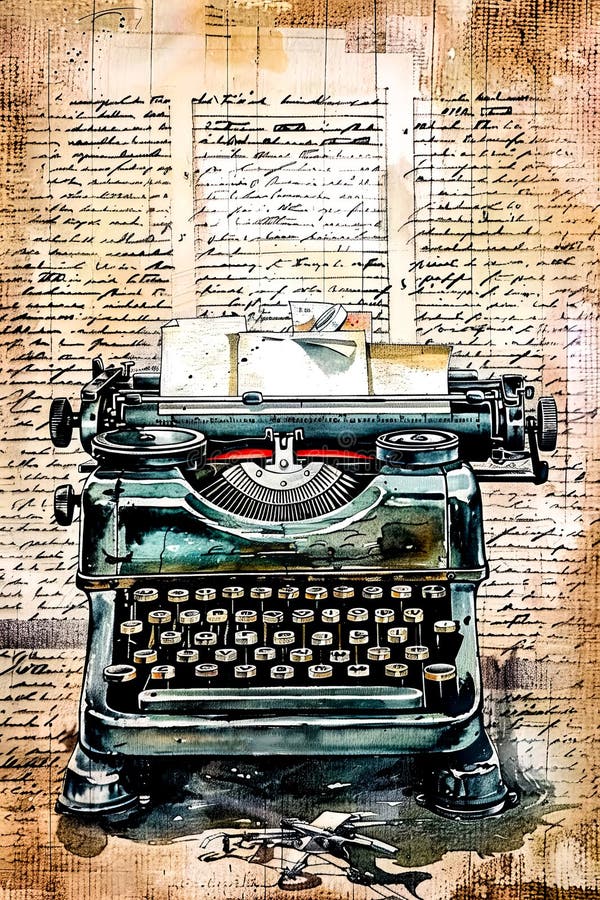 Drawing of Old Fashioned Typewriter with Writing on the Wall Behind it ...