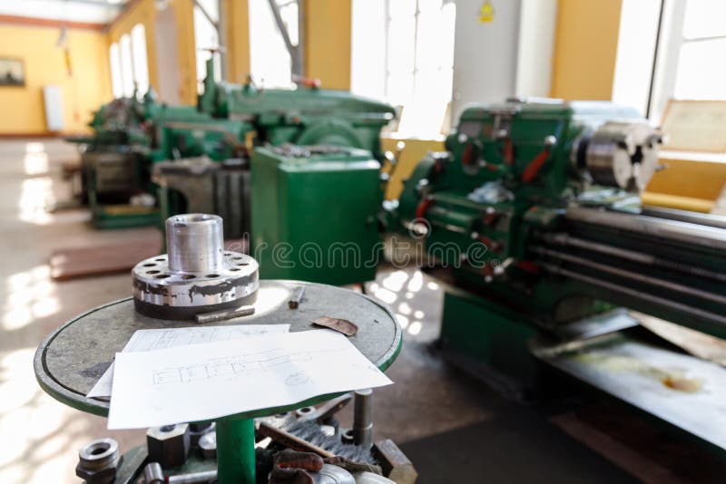 The Drawing and Old Green Lathe Machine Tool Equipment Stock Image ...
