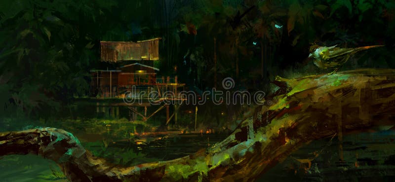 Drawing, Old Hut in the Swamp at Night Stock Illustration ...
