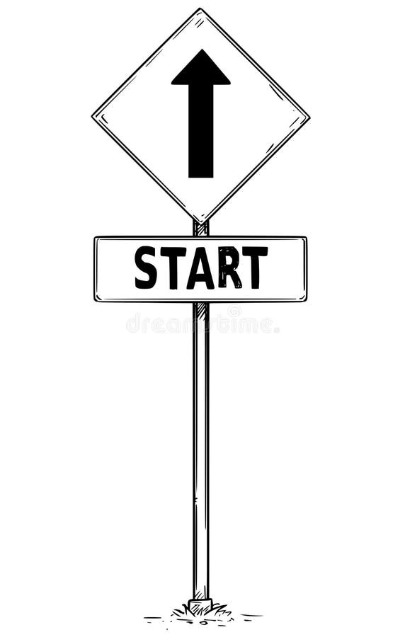 Drawing of One Way Arrow Traffic Sign with Start Text Stock Vector ...