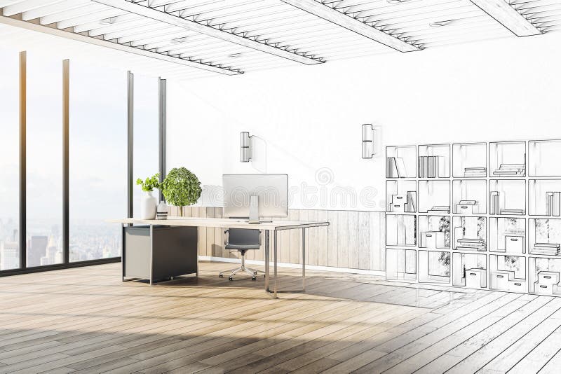 Drawing Open Space Office with Computer Stock Illustration ...