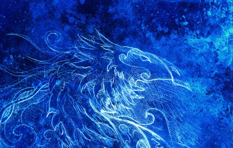 Drawing of Ornamental Dragon. Computer Collage and Blue Color Structure ...