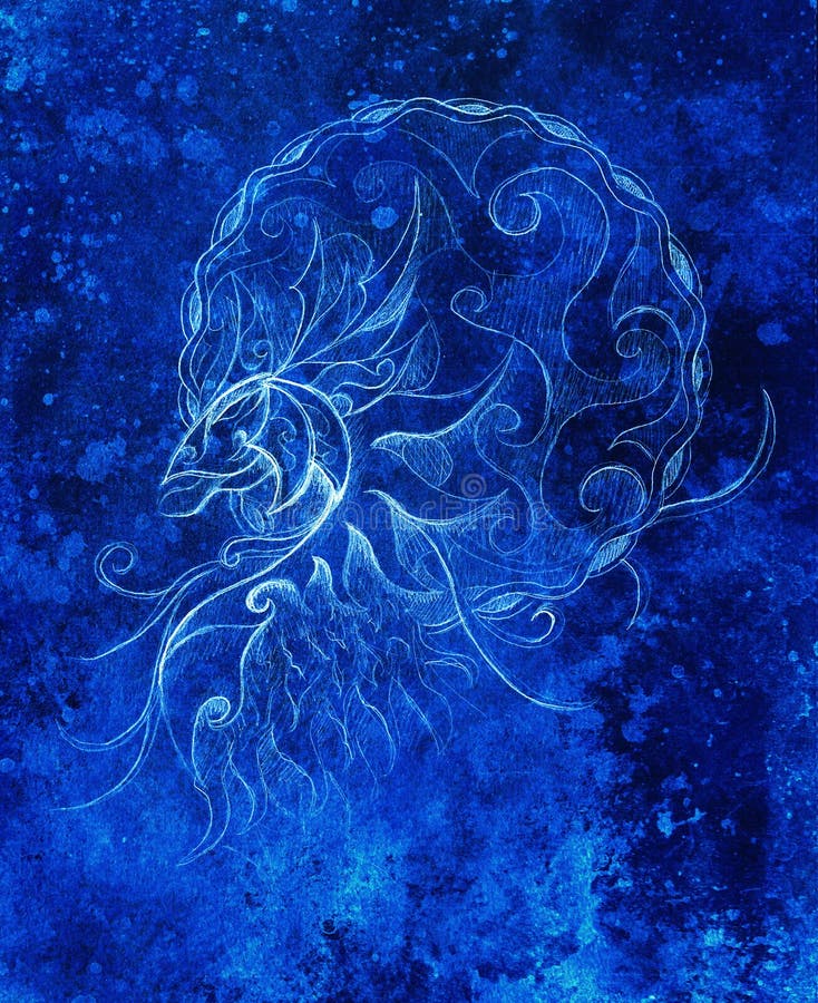 Drawing of Ornamental Dragon. Computer Collage and Blue Color Structure ...