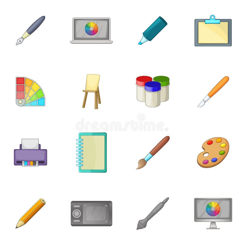 Drawing and Painting Tool Icons Set, Cartoon Style Stock Vector ...