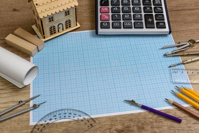 Drawing Paper with House Model and Different Tools Stock Image - Image ...