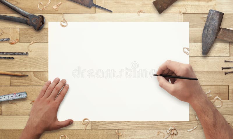 Drawing on Paper. Old Tools beside on Wooden Desk Stock Image - Image ...