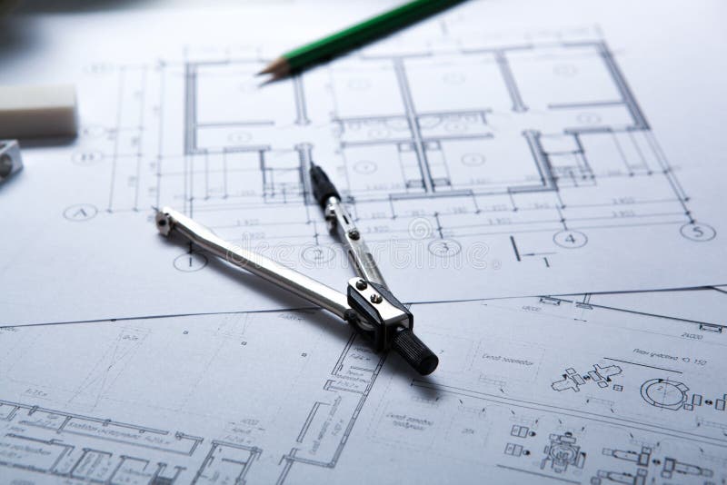 Drawing on paper and tools stock photo. Image of plans - 52464416