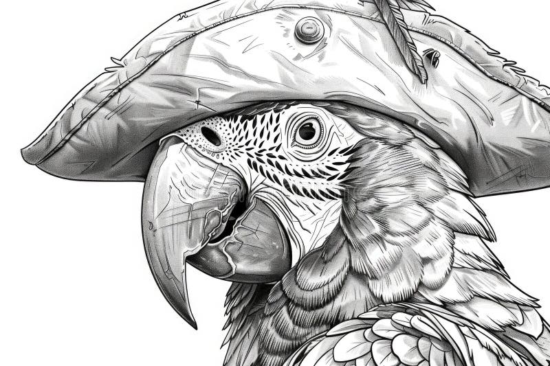 A Drawing of a Parrot Wearing a Pirate Hat, Coloring Book for Kids ...