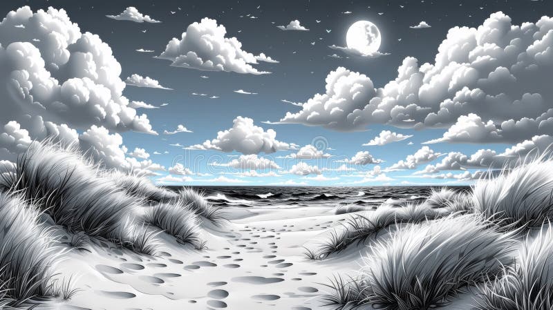 A Drawing of a Path Leading To the Beach with Clouds in the Sky, AI ...