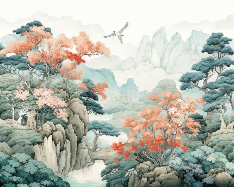 Drawing Pattern Wallpaper of a Forest Landscape with Birds and ...