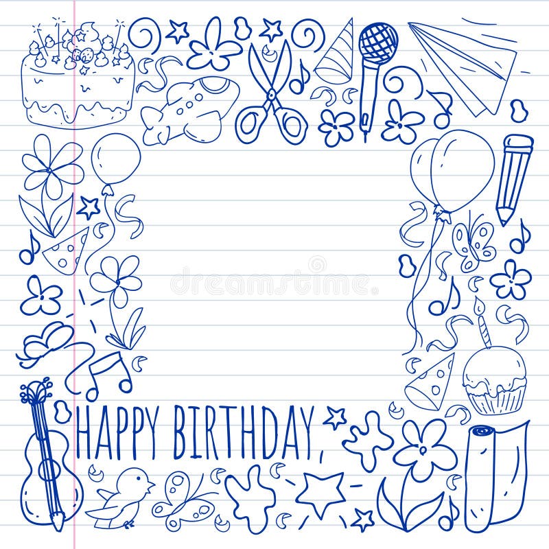 Drawing by Pen on Exercise Notebook. Vector Set of Cute Creative ...