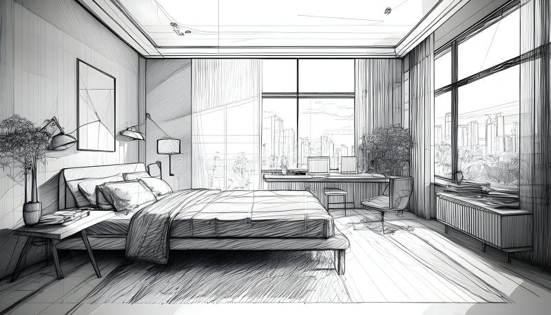 Drawing Pen with Pencil Black and White Interior Bedroom, Generative AI ...