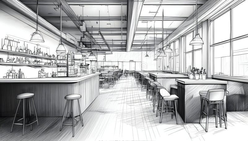 Drawing Pen with Pencil Black and White Interior Restaurant Stock ...
