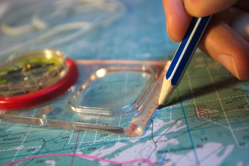 Drawing Pencil and Compass on the Map Stock Photo - Image of design ...