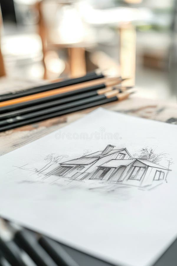 Drawing of a Pencil House on the Table. Selective Focus Stock ...