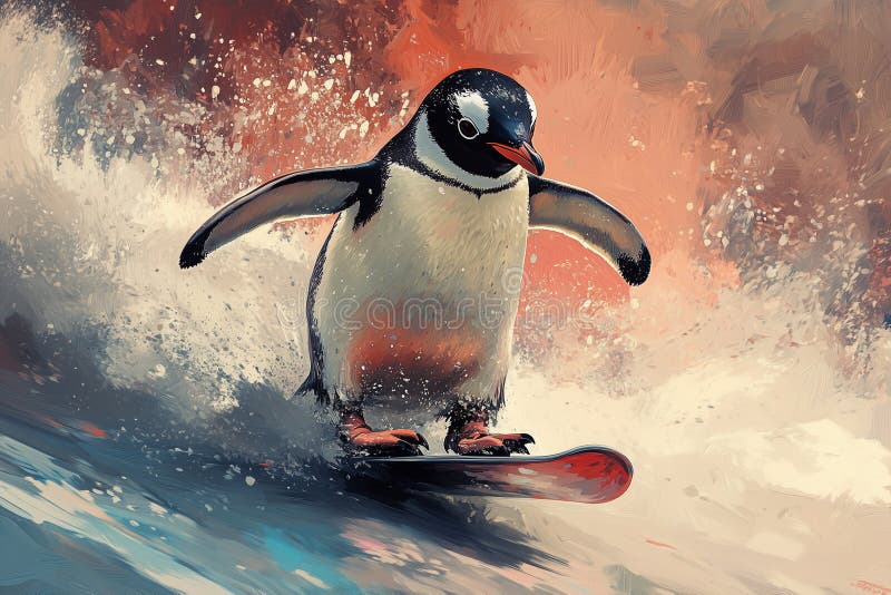 Drawing of a Penguin Going Down a Mountain on a Snowboard Stock ...