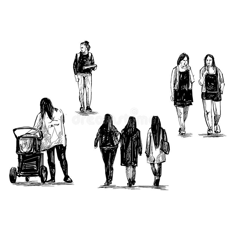 Drawing of the People Walking at Public Space Show Isolate Stock Vector ...