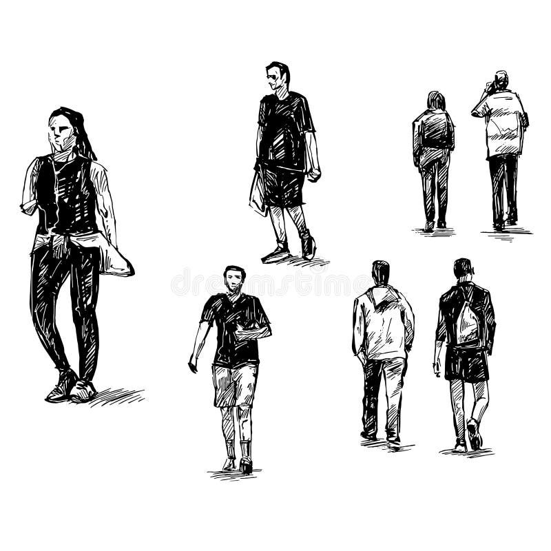 Drawing of the People are Walking at Public Space Stock Vector ...