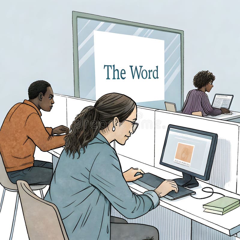 A Drawing of People Working at Computers in an Office, Focusing Stock ...