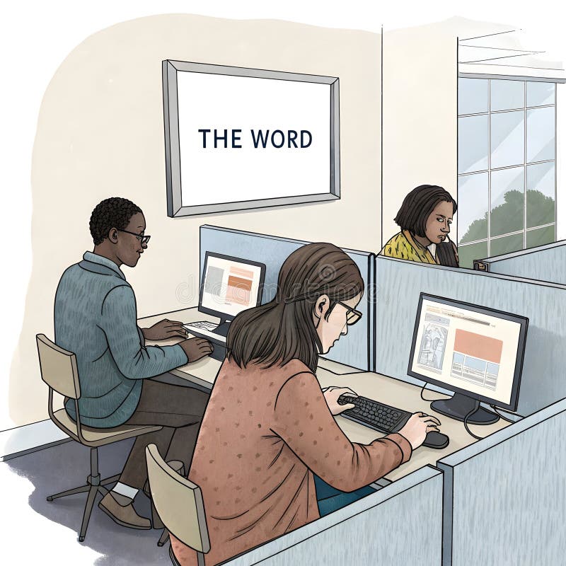 A Drawing of People Working at Computers in an Office, Focusing Stock ...