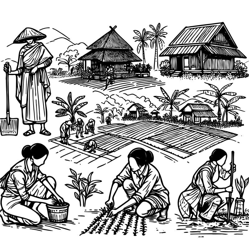 A Drawing of People Working in a Field Stock Vector - Illustration of ...