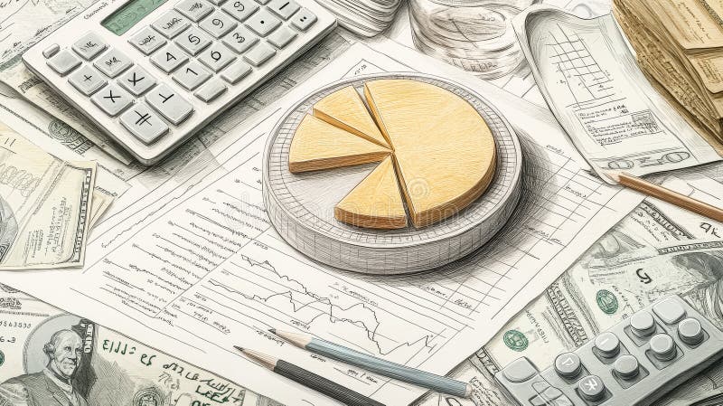 Drawing of a Pie on a Piece of Paper with a Calculator Stock Photo ...