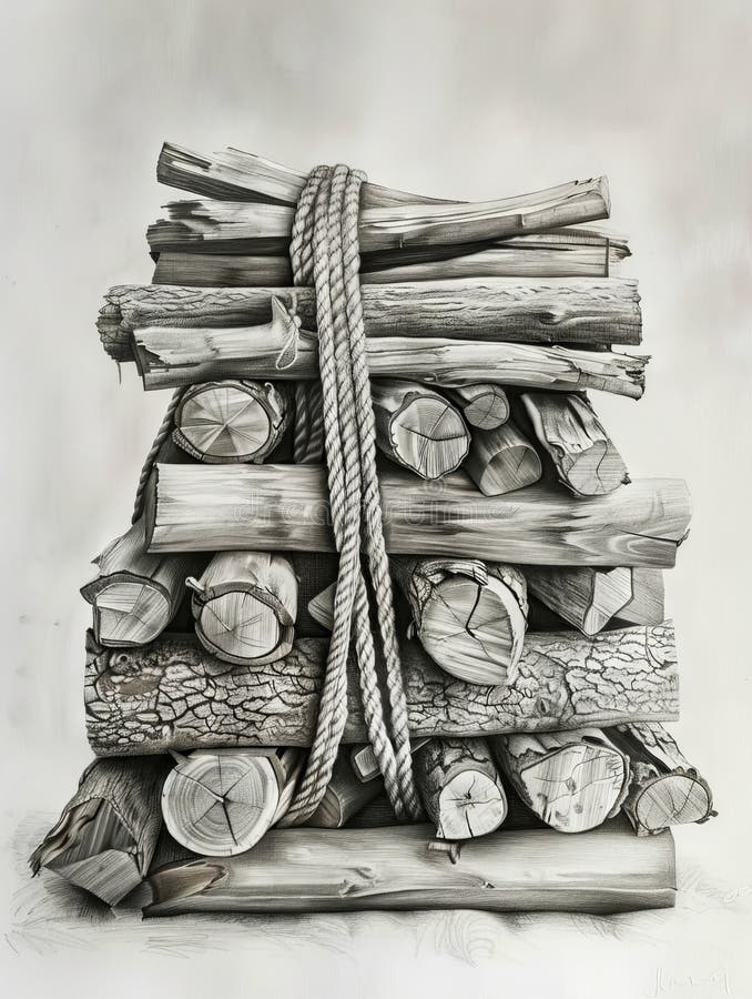 A Drawing of a Pile of Wood with Rope Stock Photo - Image of white ...