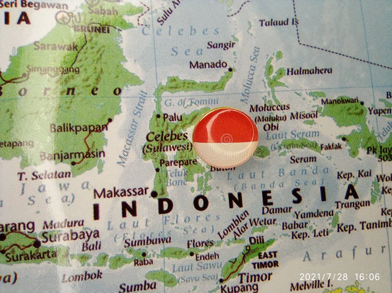 Drawing Pin Flag of Indonesia on the Map Stock Image - Image of closeup ...