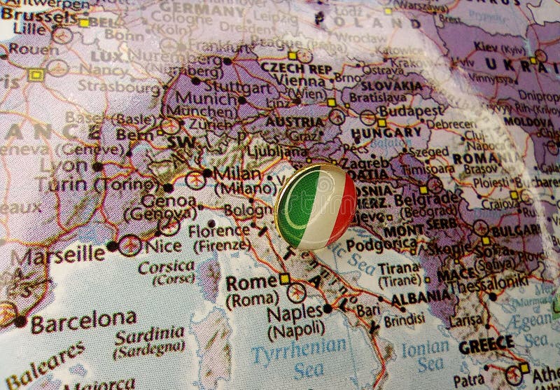 Drawing Pin Flag of Italy on the Map Stock Photo - Image of globe ...