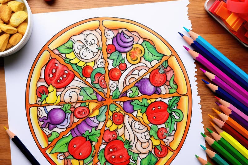 A Drawing of a Pizza with Vegetables on it Next To Colored Pencils ...
