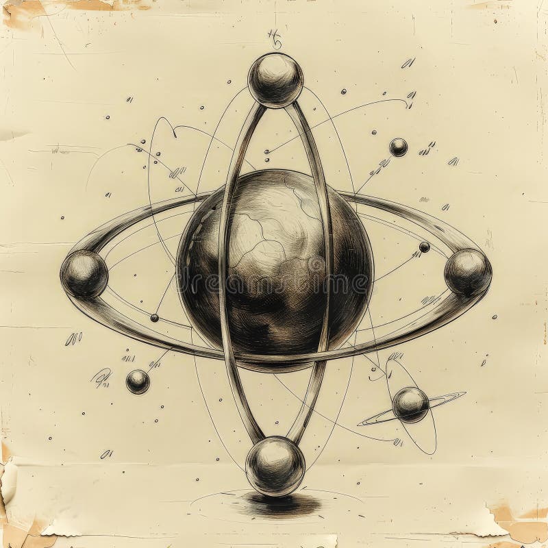 Drawing of a Planet with Four Balls Surrounding it Stock Image - Image ...