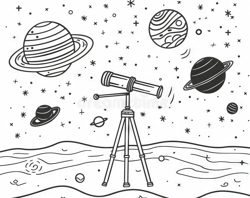 Drawing of Planets, Asteroids, Telescope, and Asteroids in One ...