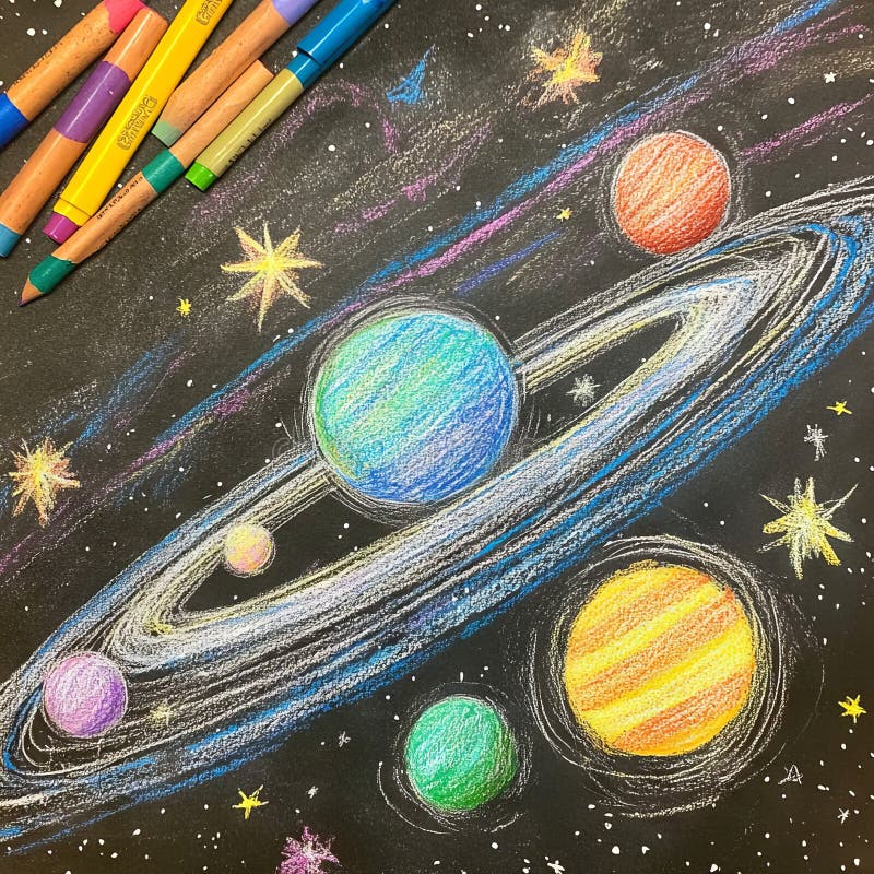 A Drawing of Planets and Stars in Space Made with Chalk by a Child ...