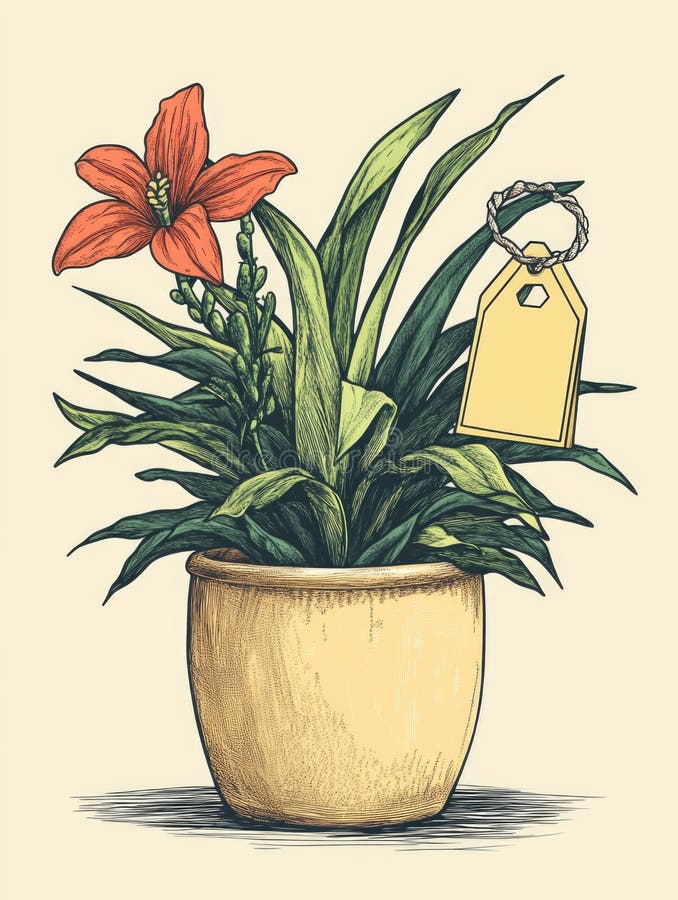 Drawing of a Plant in a Pot with a Yellow Tag on it Stock Image - Image ...