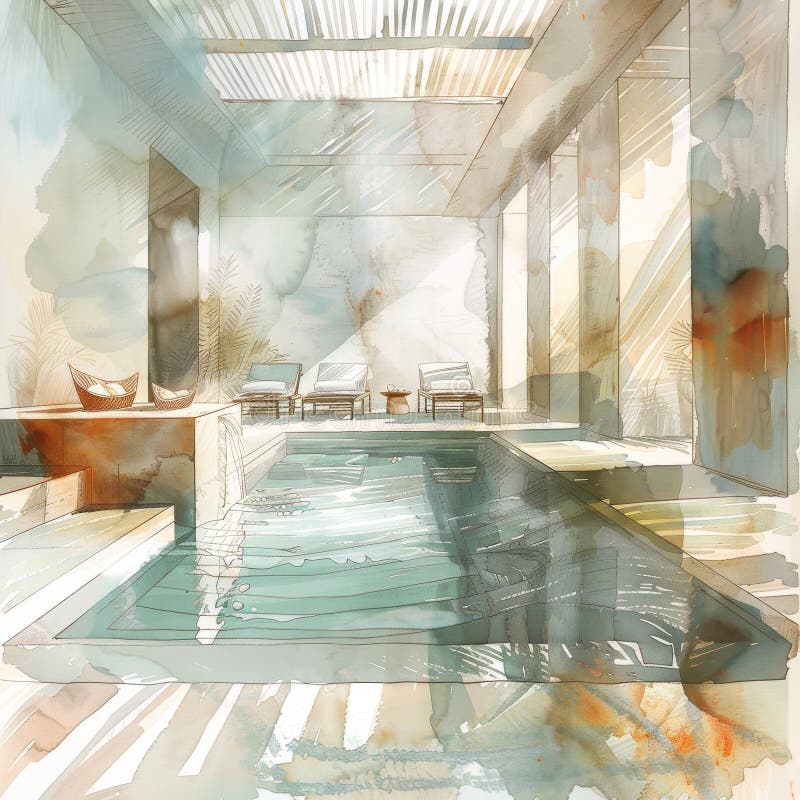 A Drawing of a Pool with a White Wall and a Blue Sky Stock Illustration ...