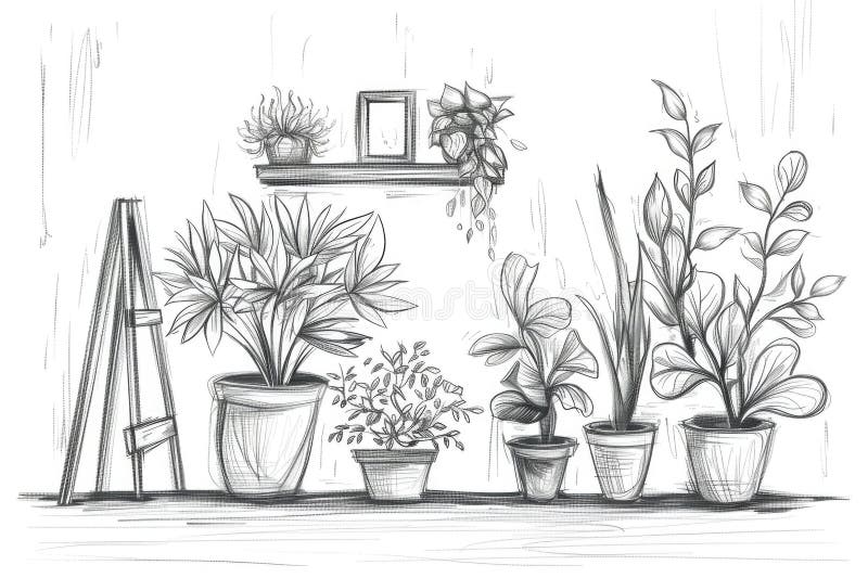 A Drawing of Potted Plants on a Shelf. Suitable for Interior Design ...