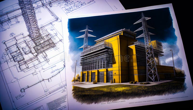 Drawing of Power Plant on Top of Some Blueprints. Generative AI Stock ...