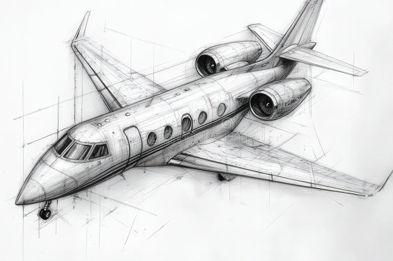 Detailed Technical Sketch of a Private Jet Showcasing Design Features ...