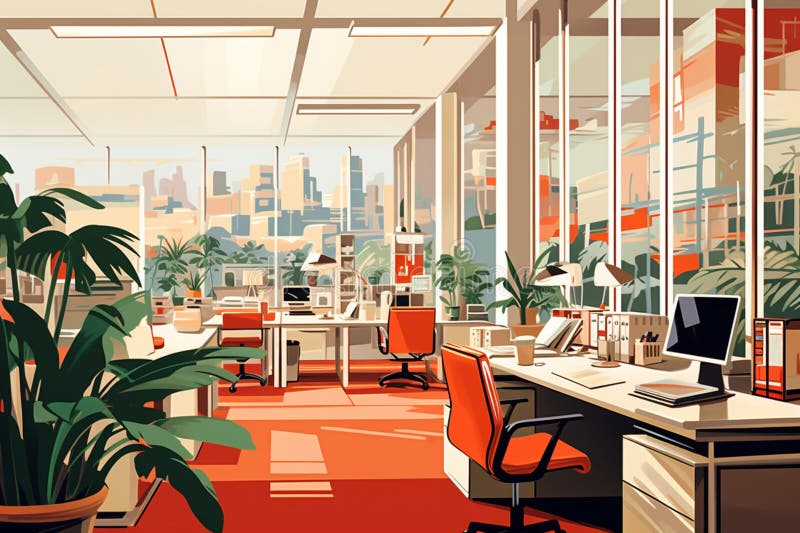 Drawing in Printmaking Style, in Which a Modern Office in Red and Light ...